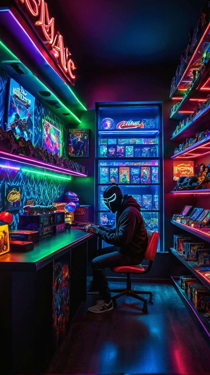 In a dimly lit gaming room awash with the glow of neon light... by ...