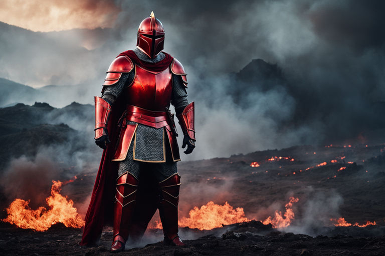 Royal knight clad in gleaming red armor standing defiantly o... by Eric ...