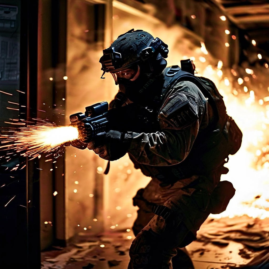 SWAT team member deploying a UES flashbang inside a room by 林于傑 - Playground