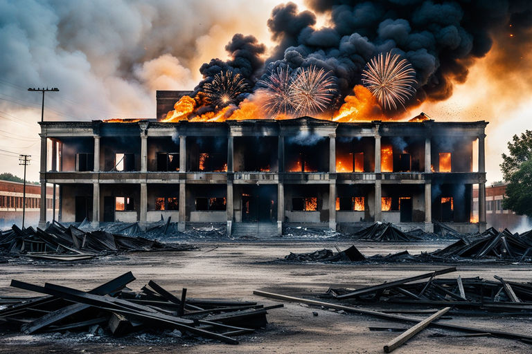 An abandoned school building engulfed in fierce flames by Lilliana ...