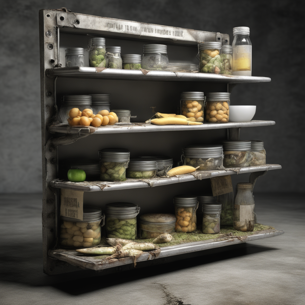 Photo realistic post apocalyptic shelf running low on food a... by ...