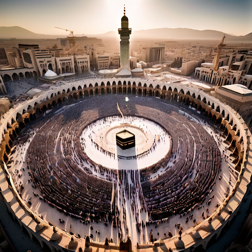 An aerial view of the Kaaba surrounded by pilgrims during Ha... by ...