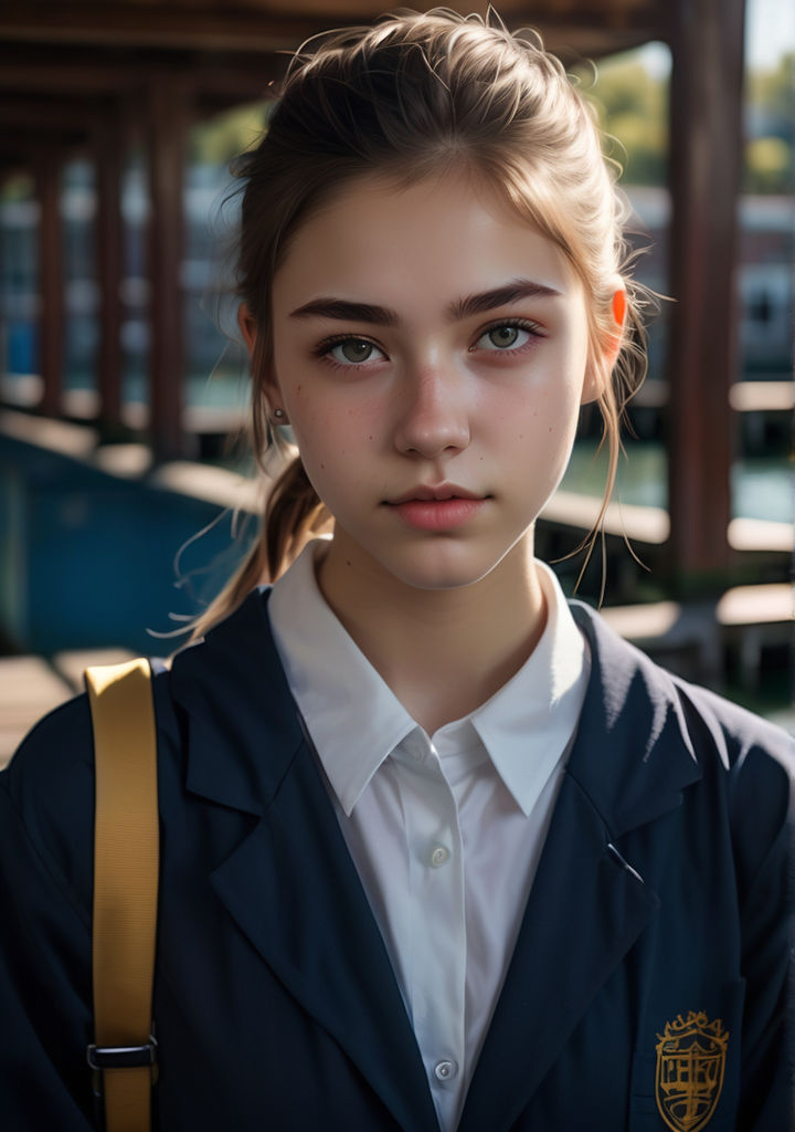 High school student with radiant glass skin and piercing gaz... by ...