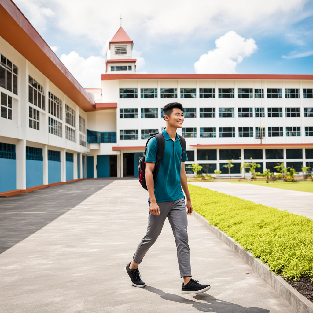 A male filipino college student walking with school building... by ...