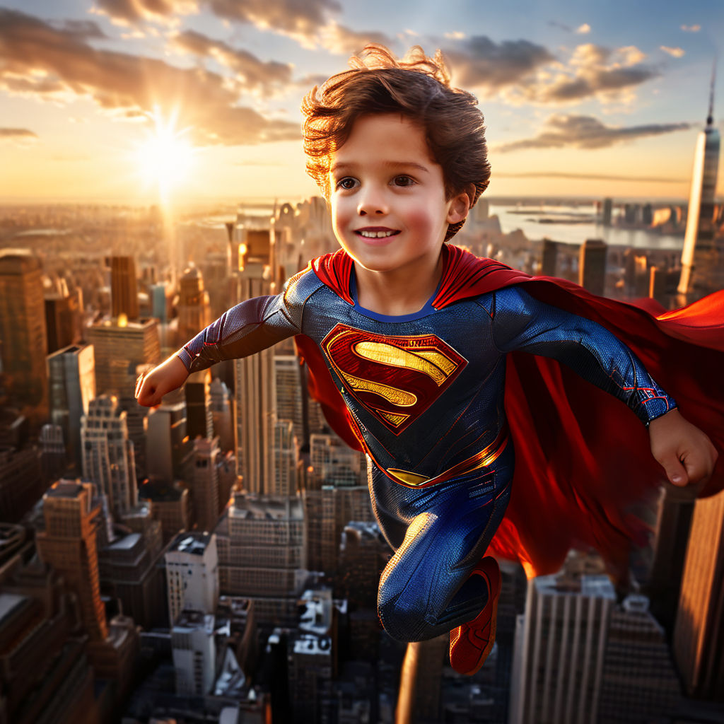 Child dressed as Superman flying amidst New York City skyscr... by ...