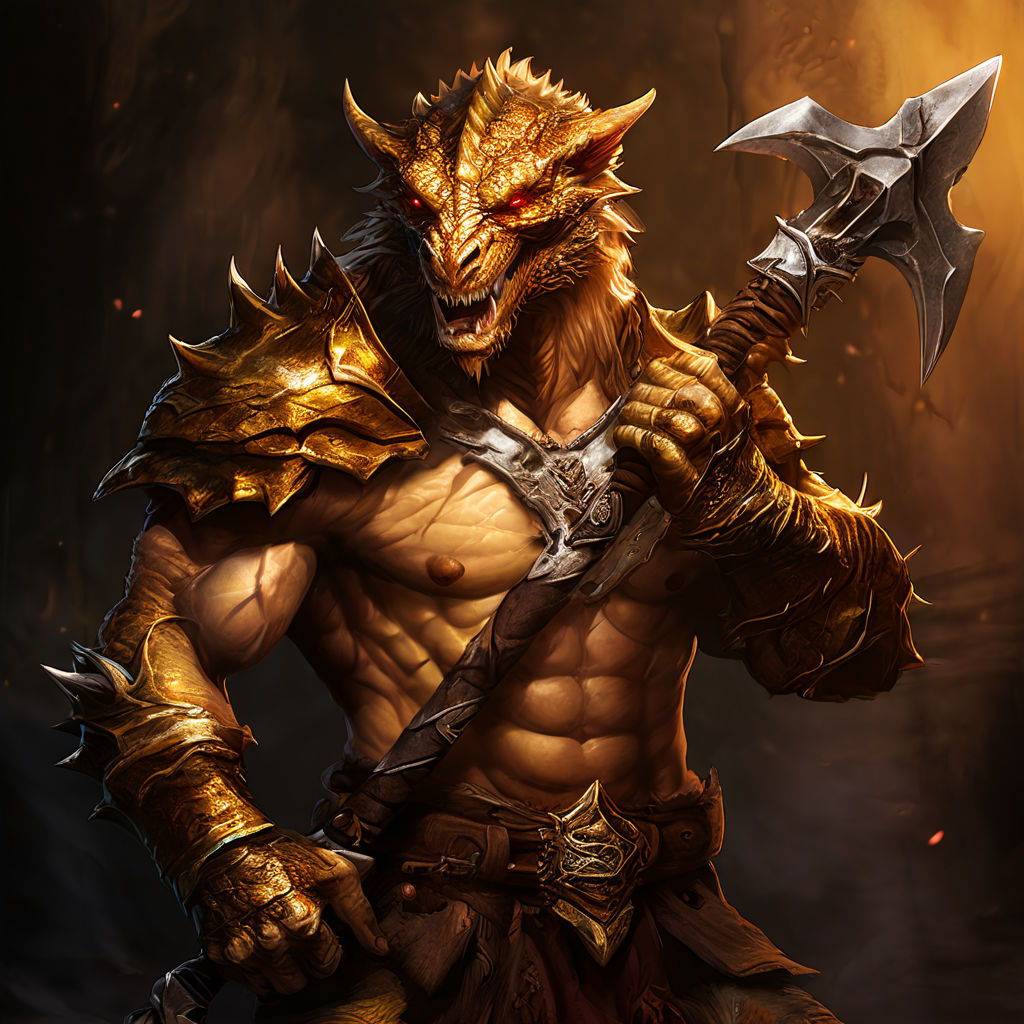 A shirtless gold dragonborn barbarian wielding a great axe by Kai Smith ...
