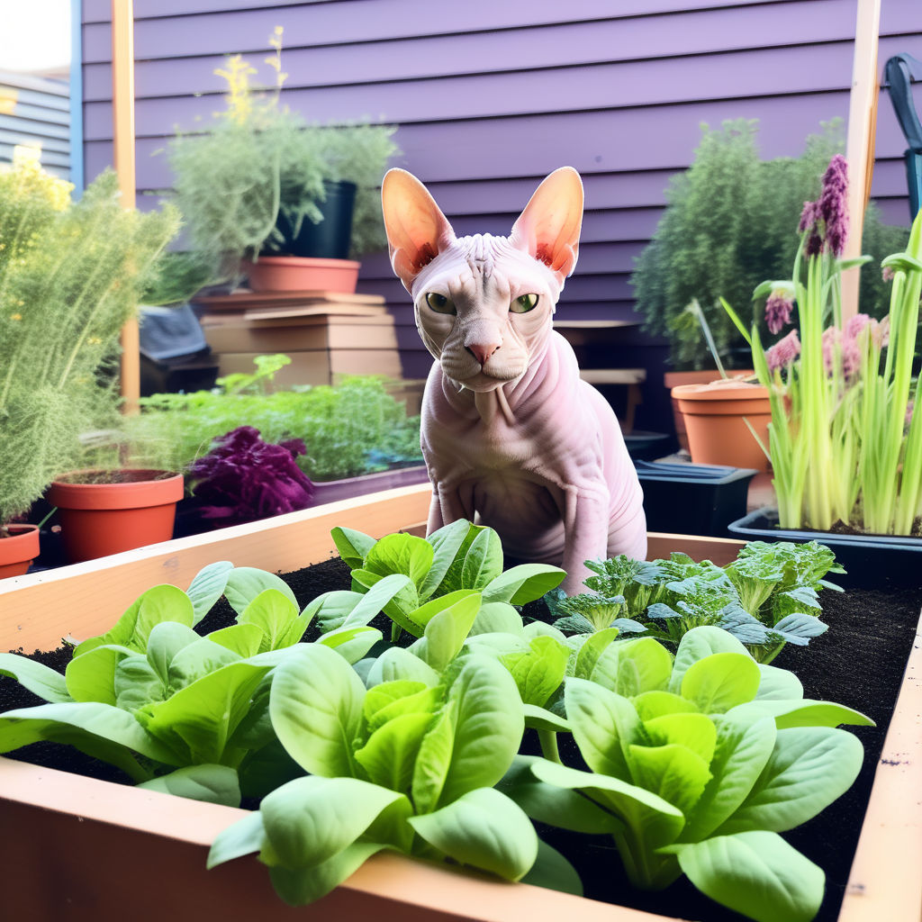 Happy sphynx Plattling herbs on raised bed by Sir Pewpew - Playground