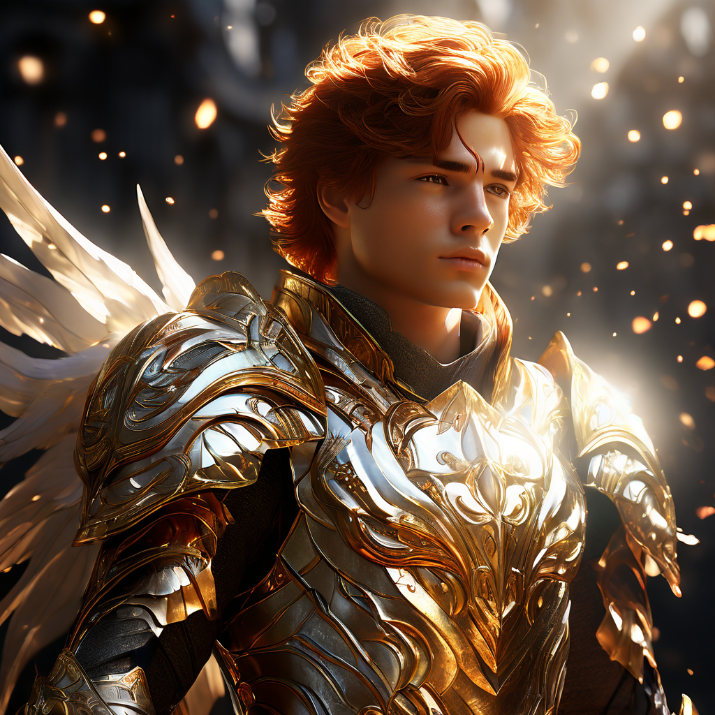 Auburn-haired young man donning white and gold angelic armor by Joshua ...