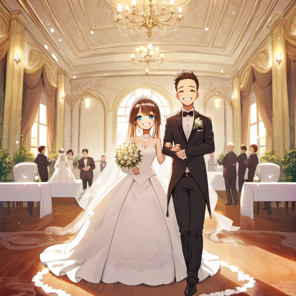 The bride and groom are smiling brightly at the wedding hall by 홍준화 ...