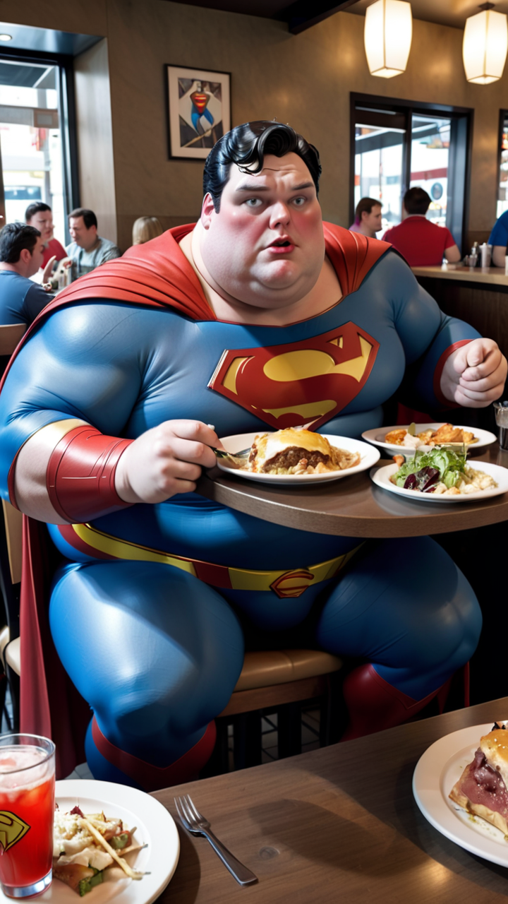 Fat superman is eating at a restaurant by History.Memorybypass - Playground