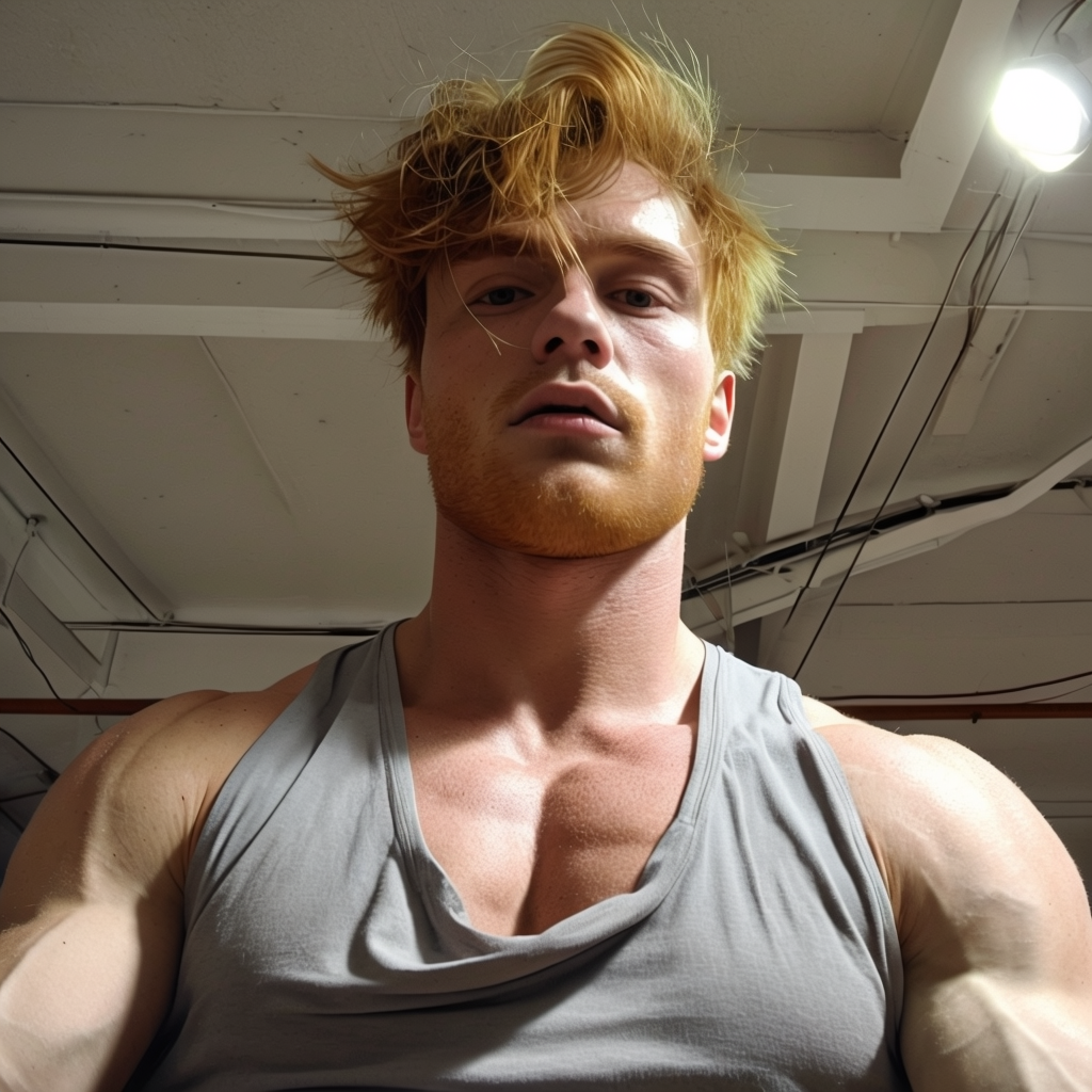 A close-up selfie of a male bodybuilder taken from a low ang... by ...