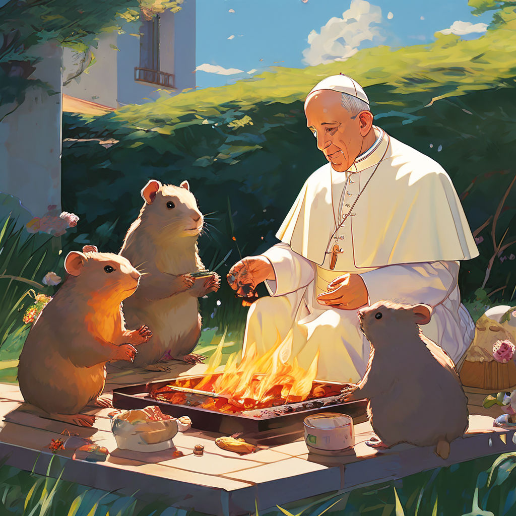 The Pope and the capybaras are having a barbecue in the gard... by Adam ...