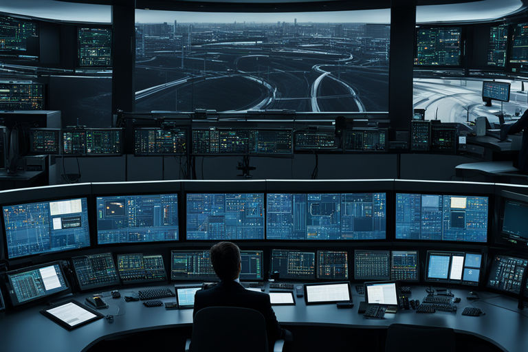 Frontal view of an engineering control room with the manager... by ...