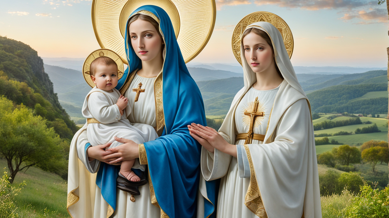 close wide image of our lady blessing in a beautiful landsc... by Fabio ...