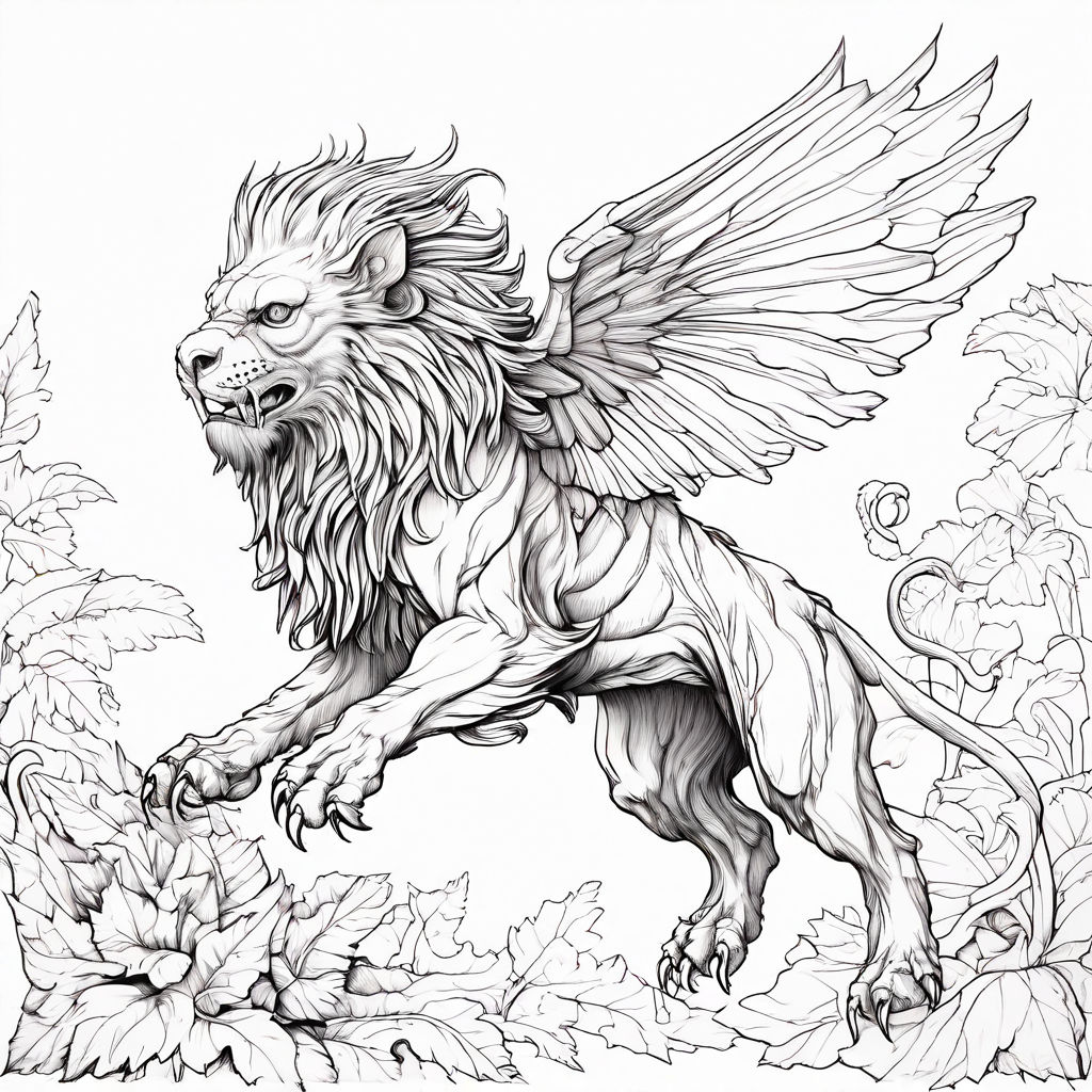 adult Coloring book page in black and white flying manticor... by ...