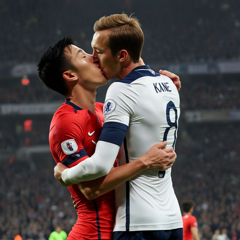 Harry Kane kissing heung min son by Jude Hughes - Playground