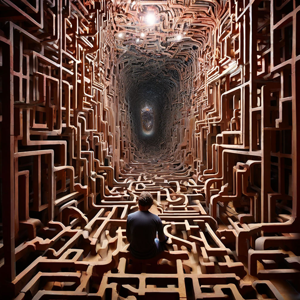 Create a piece of art that visually captures the labyrinthin... by ...