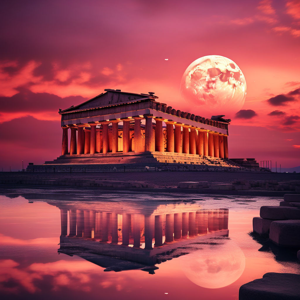 The Parthenon and the Red Sky and Moon by 효니 - Playground