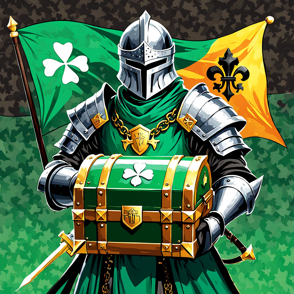 A logo of a medieval knight holding a treasure chest with th... by ...