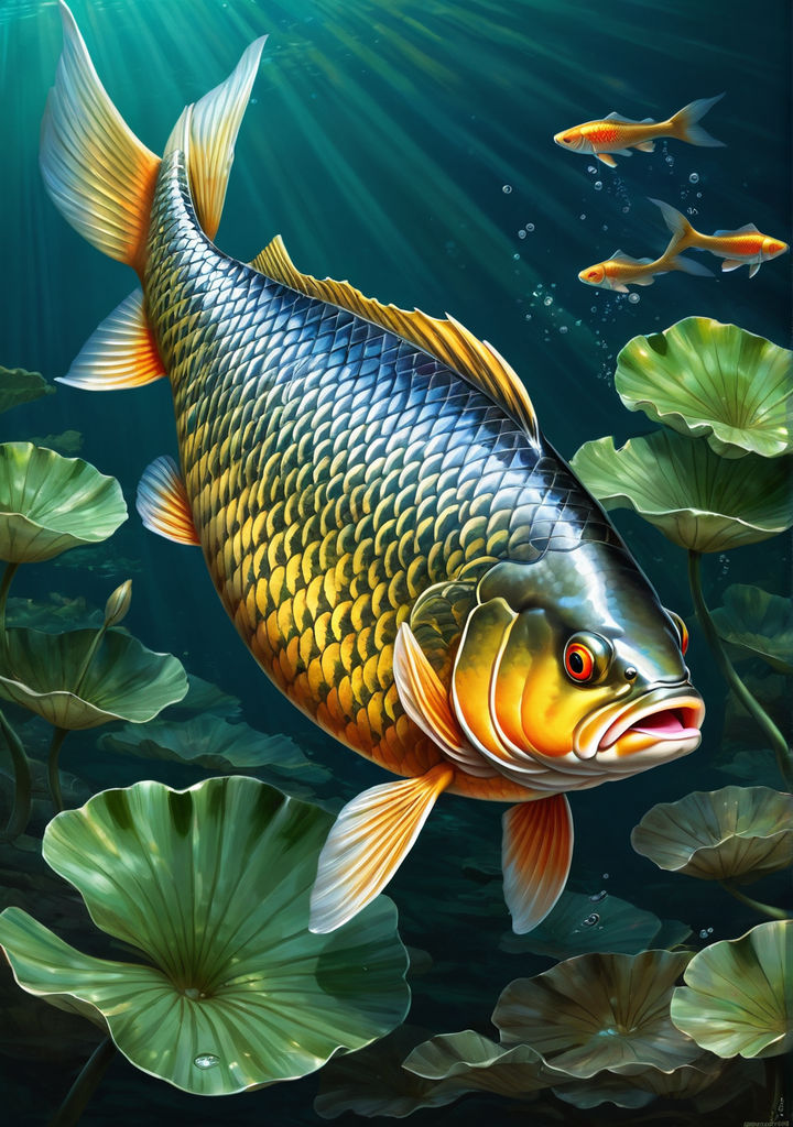 Full body side view of a carp with a graceful posture symbol... by 李一星 ...