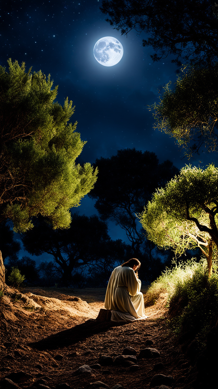 Jesus Christ praying alone in the Garden of Gethsemane under... by JB ...