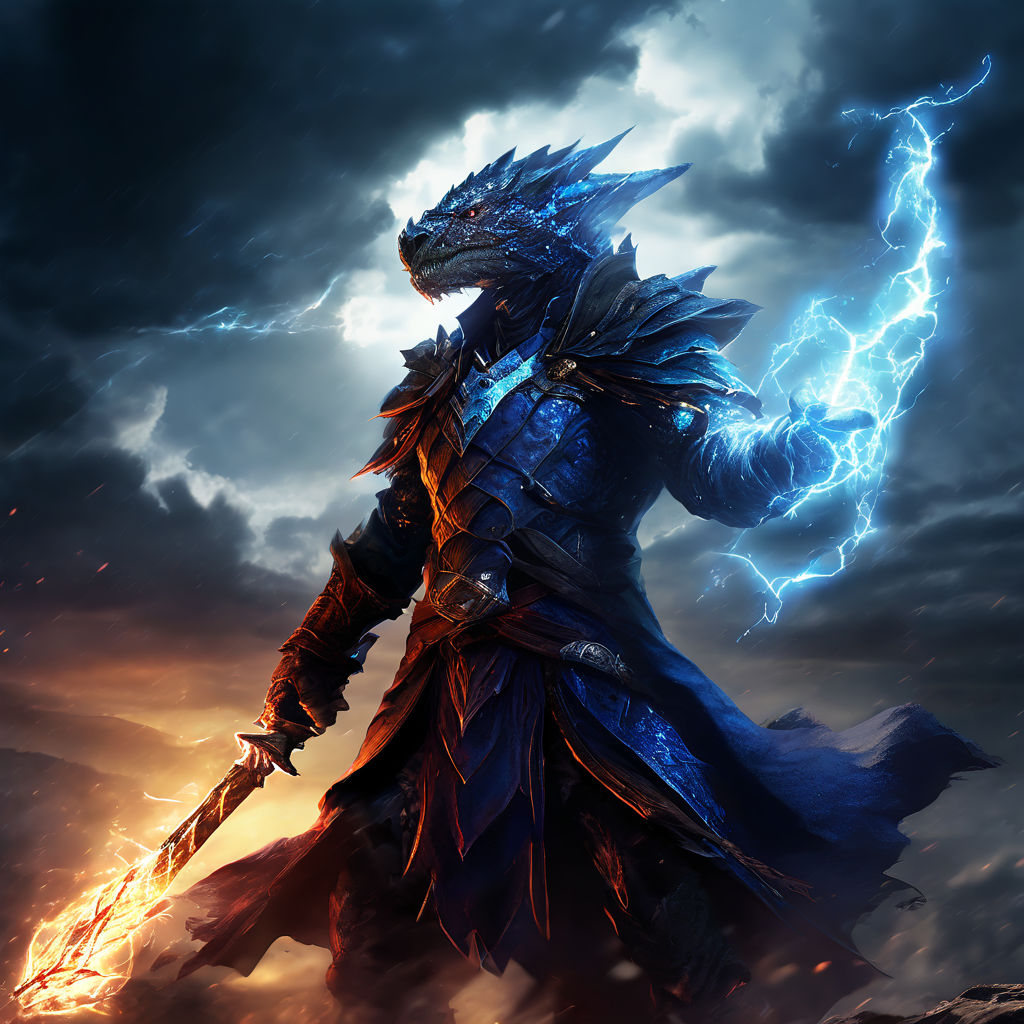 Blue dragonborn sorcerer clutching a long staff channeling l... by Rhys ...