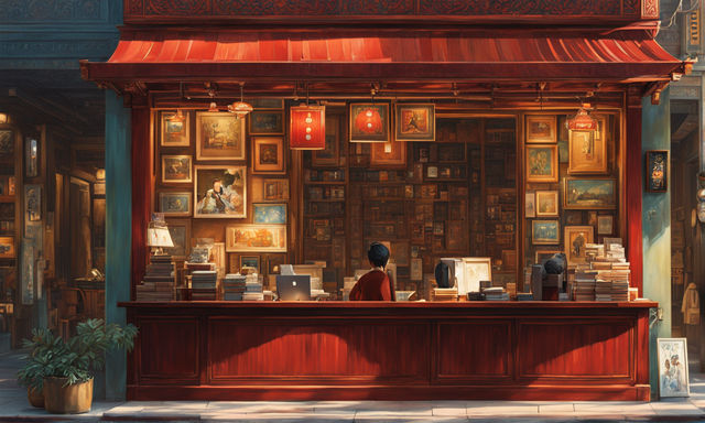 Chinese antique store front desk captured from a head-on per... by ...