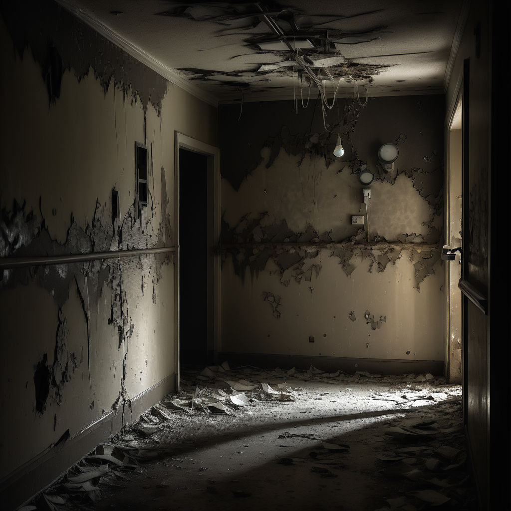 Flashlight illuminating peeling wallpaper and crumbling plas... by ...