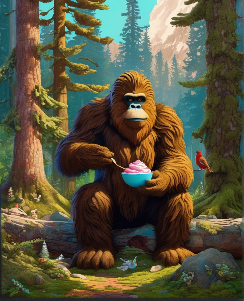 Bigfoot is eating ice cream. small and cute birds sitting si... by kim ...