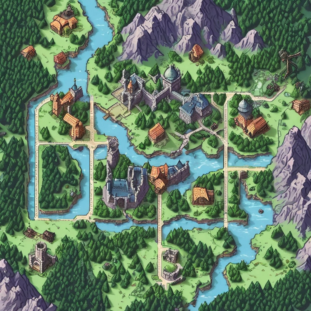 8-bit RPG-style fantasy world map viewed from a bird's-eye p... by ...