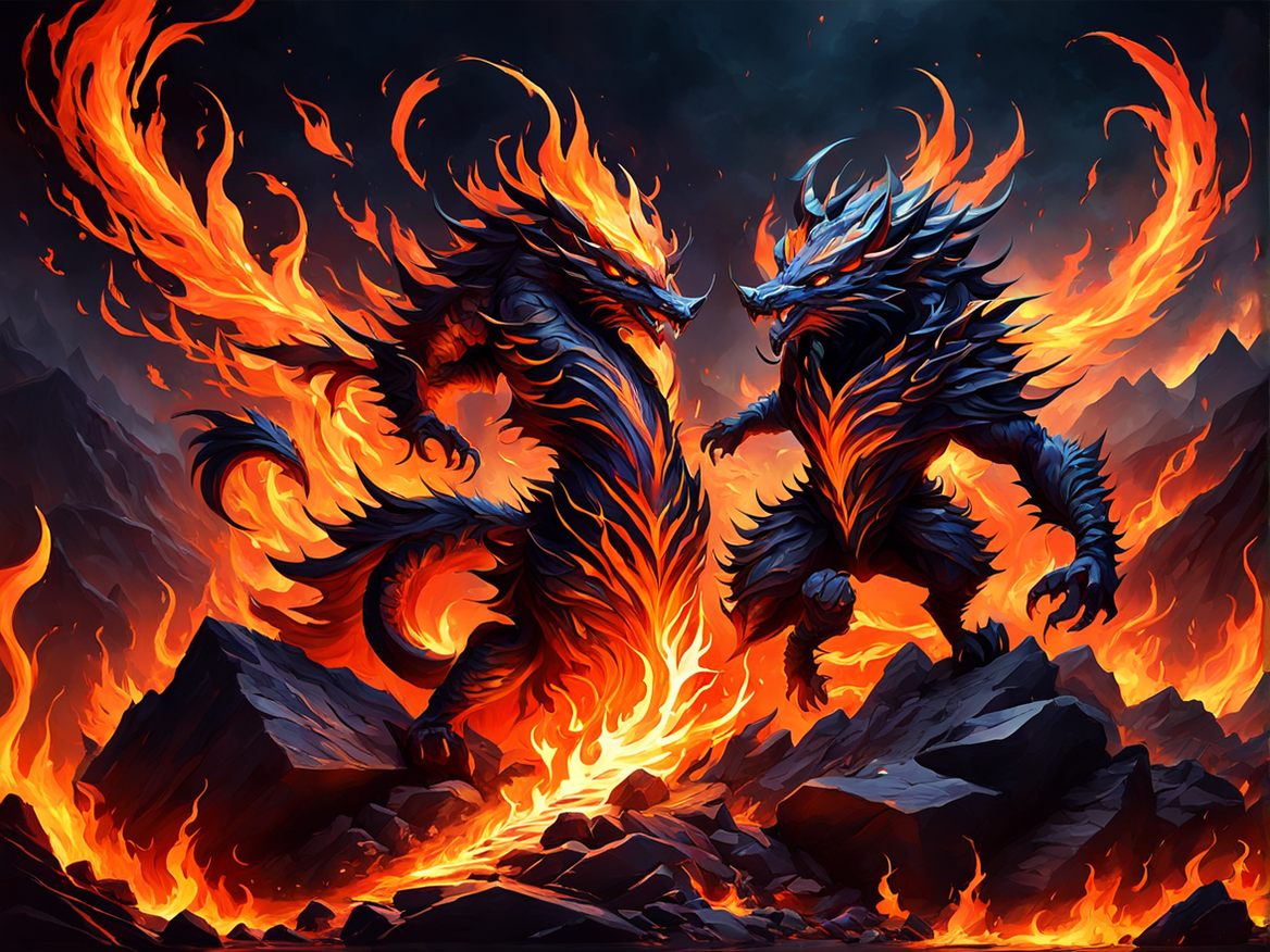 Mythic fire creatures performing spirited dances around bonf... by ...