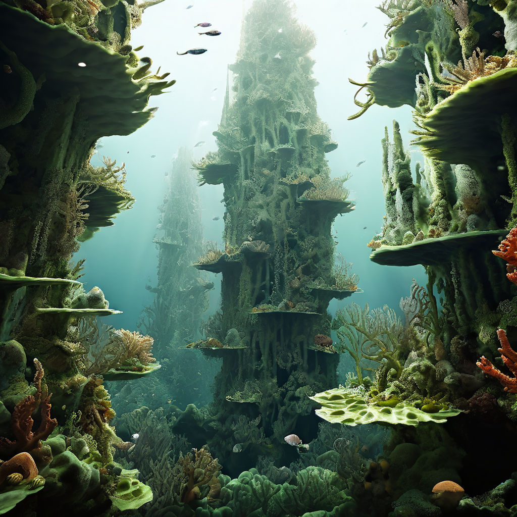 An underwater world where humanoid sea creatures inhabit cit... by ...