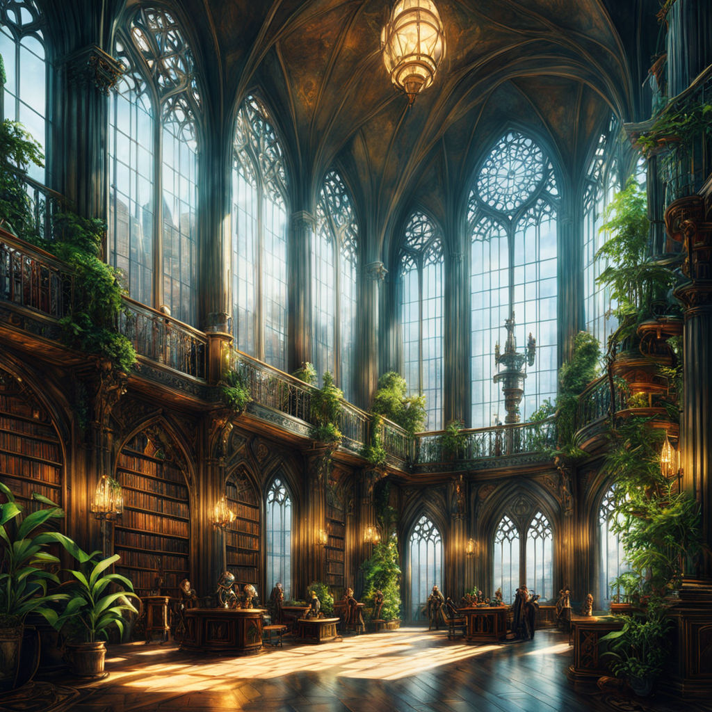 Secret fantasy library with plants and cathedral windows wit... by ...