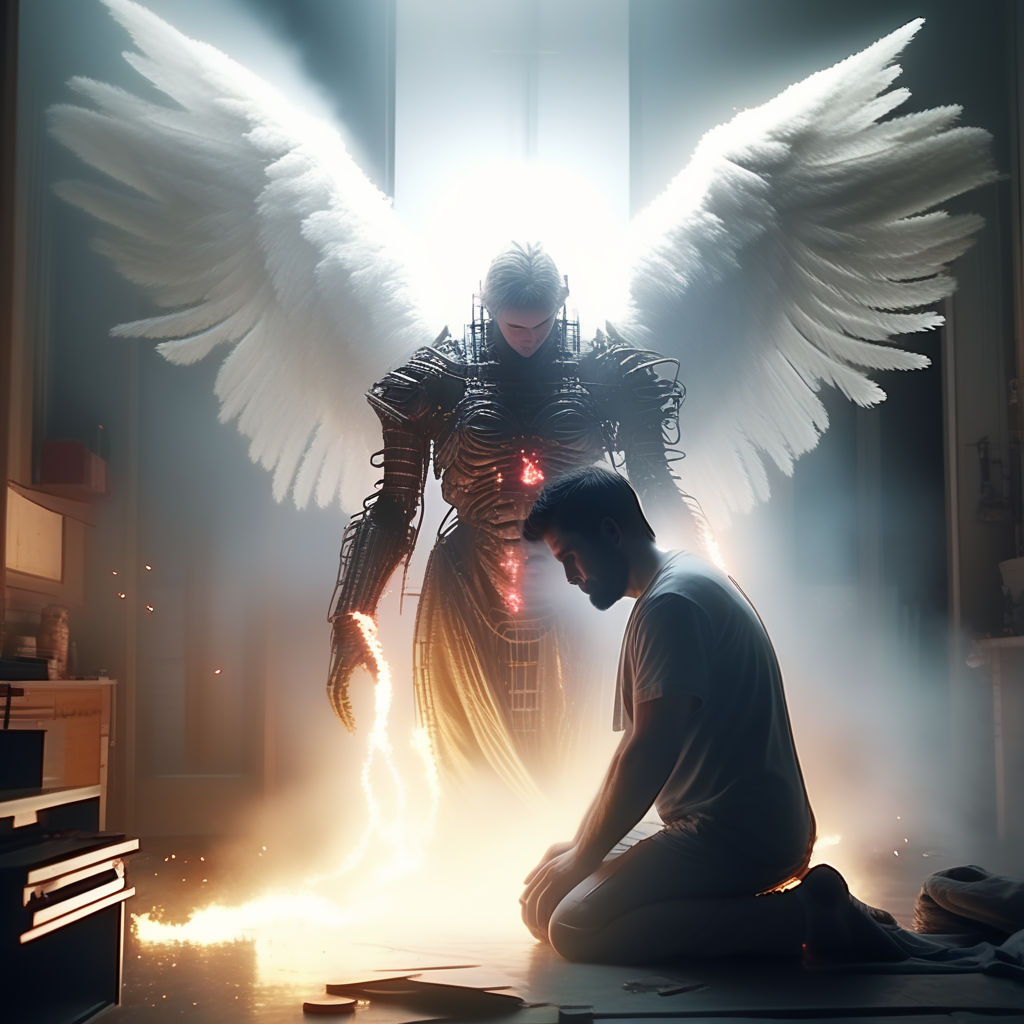 Angel protecting a man praying in his room by Jessé Moura - Playground