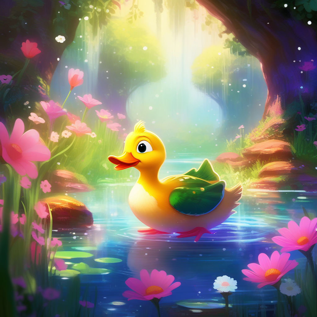 Pixar-style animation of a duck venturing into a glittering ... by X ...