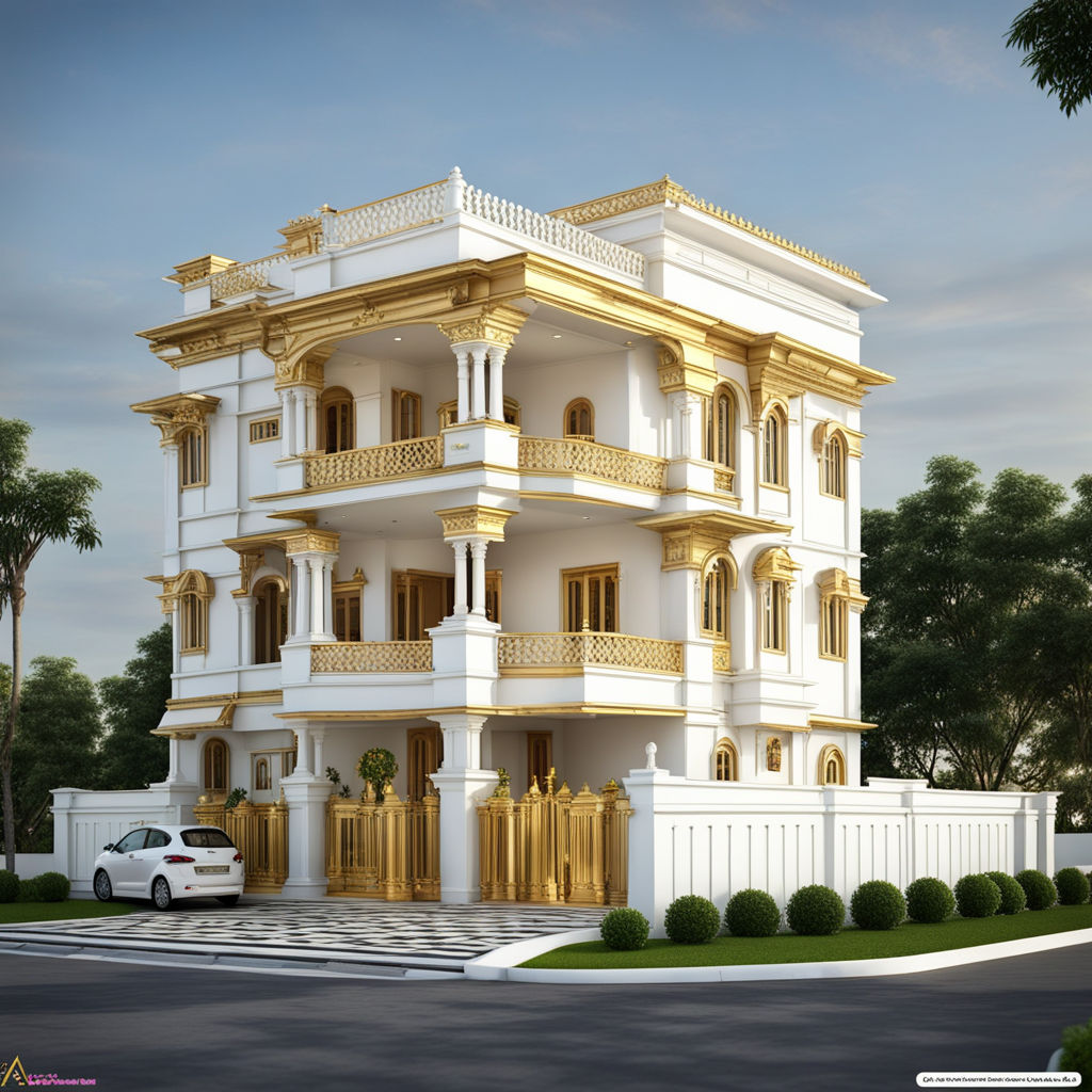 White and golden duplex house exterior design by Yogesh Jadhav - Playground