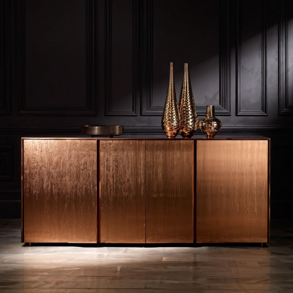 Burnished copper liquid metal texture cascading over a sleek... by ...