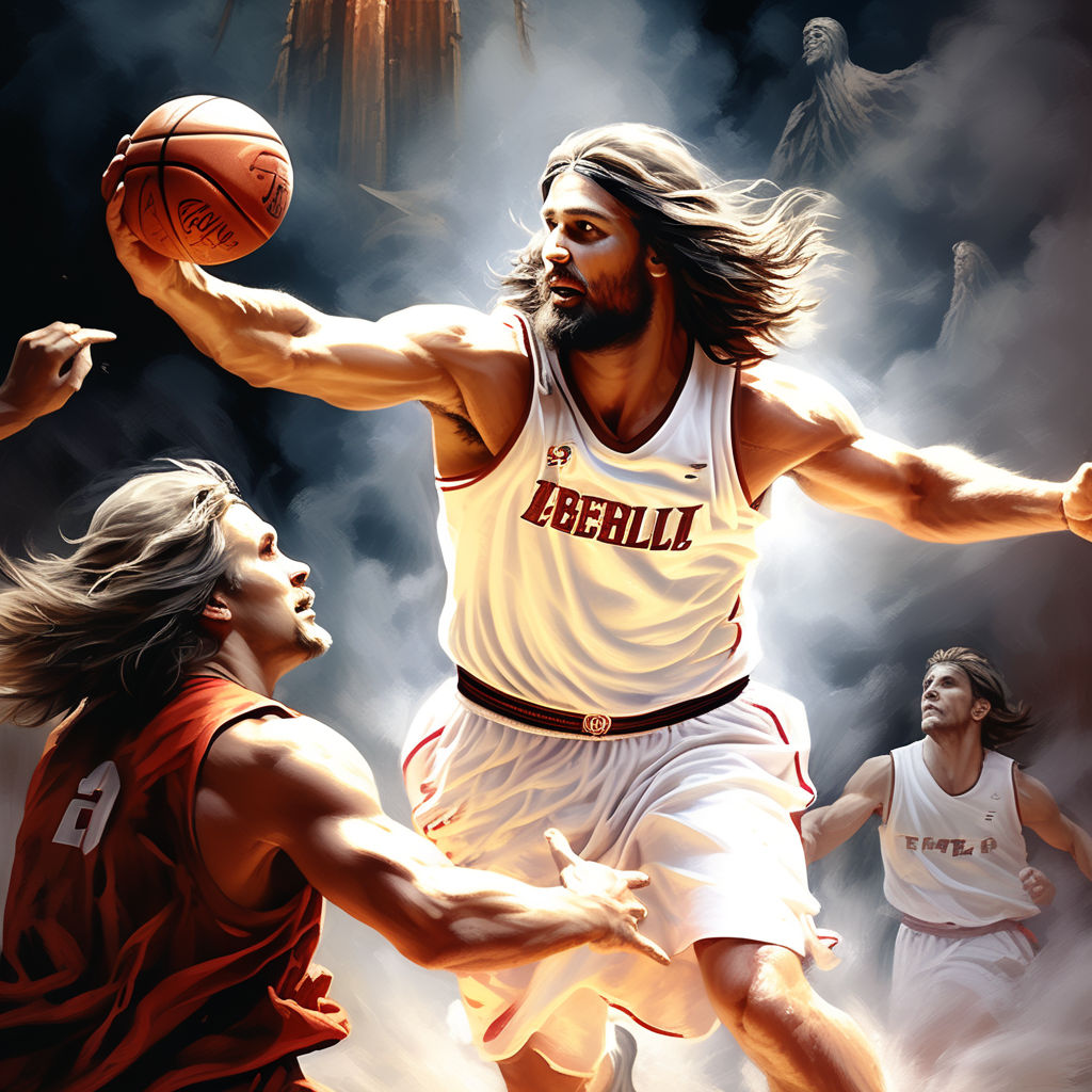 Jesus and angels beating the devil in basketball by Monica Dye - Playground