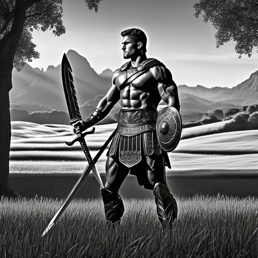 "A muscular Roman warrior with a well-defined body and abs s... by ...