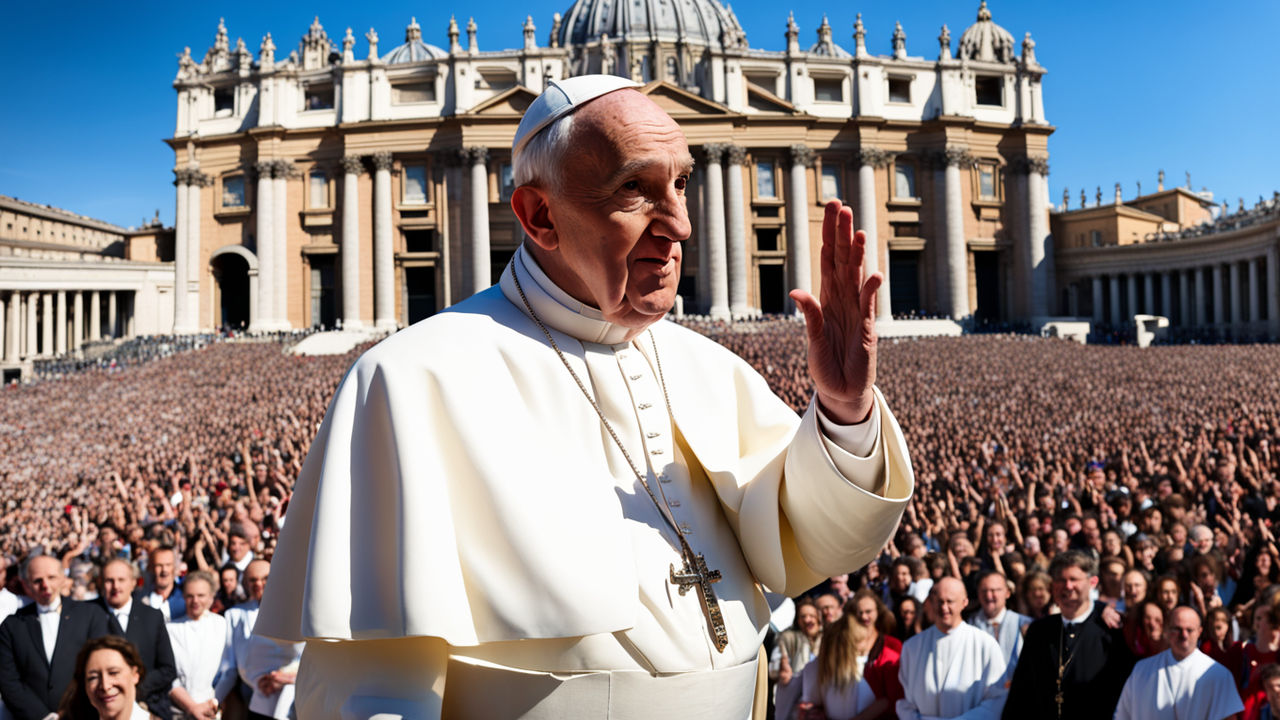 A portrait of the Pope giving a blessing to a crowd of diver... by ...