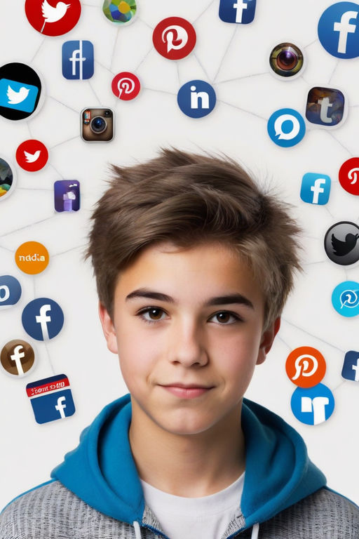 Teenage boy. He has social media icons around his head. back... by ...