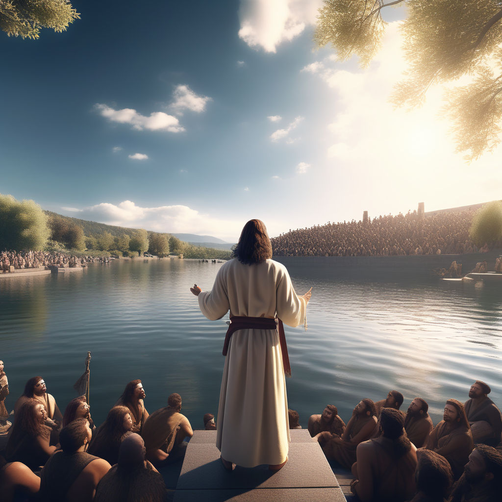 Jesus on the edge of a lake preaching to a crowd realistic ... by ...