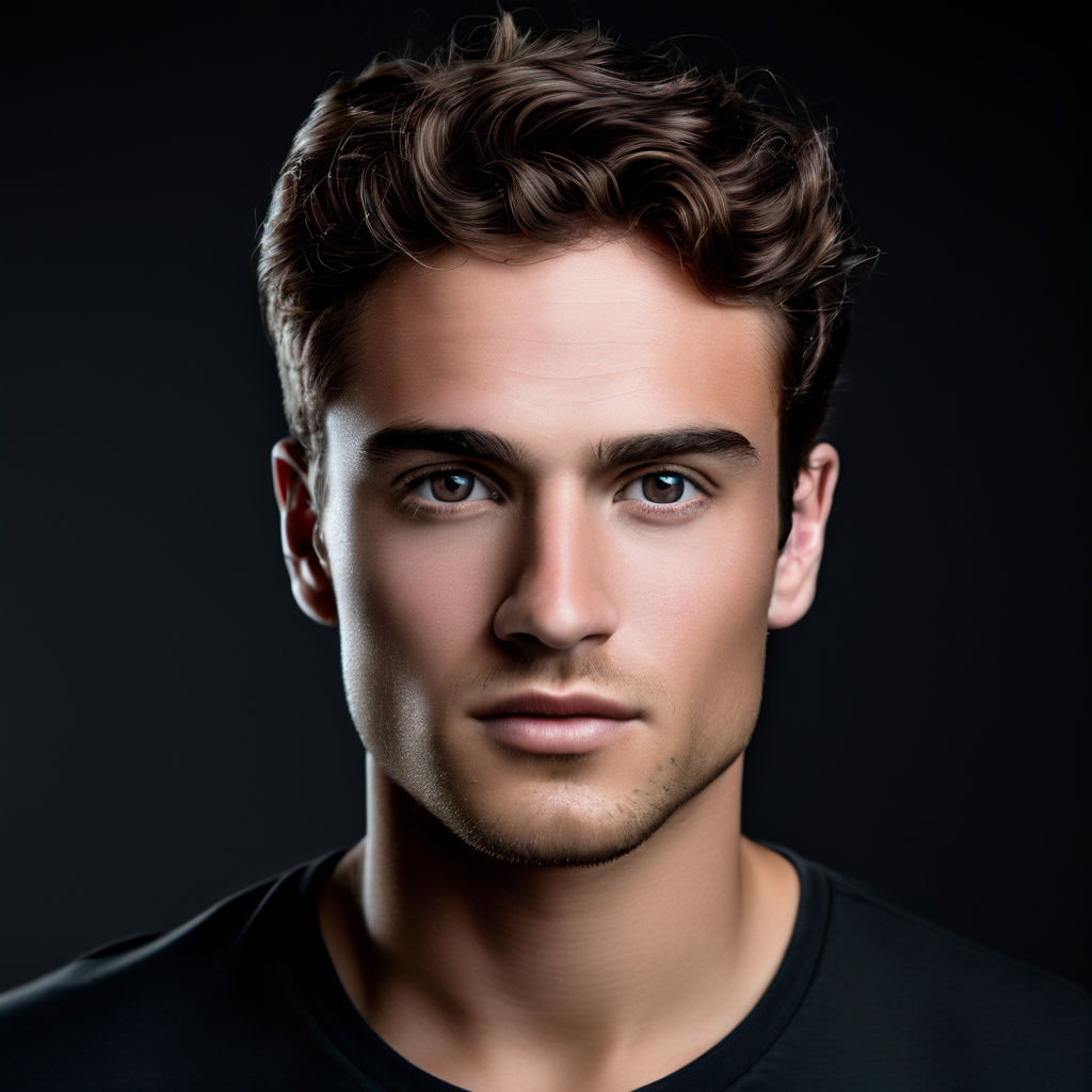 A frontal photo of a male face. There is a white electronic ... by ...