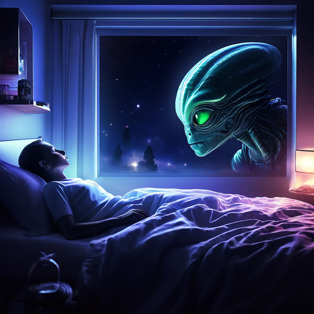 An alien from outer space looking over a person sleeping in ... by Tyjo ...