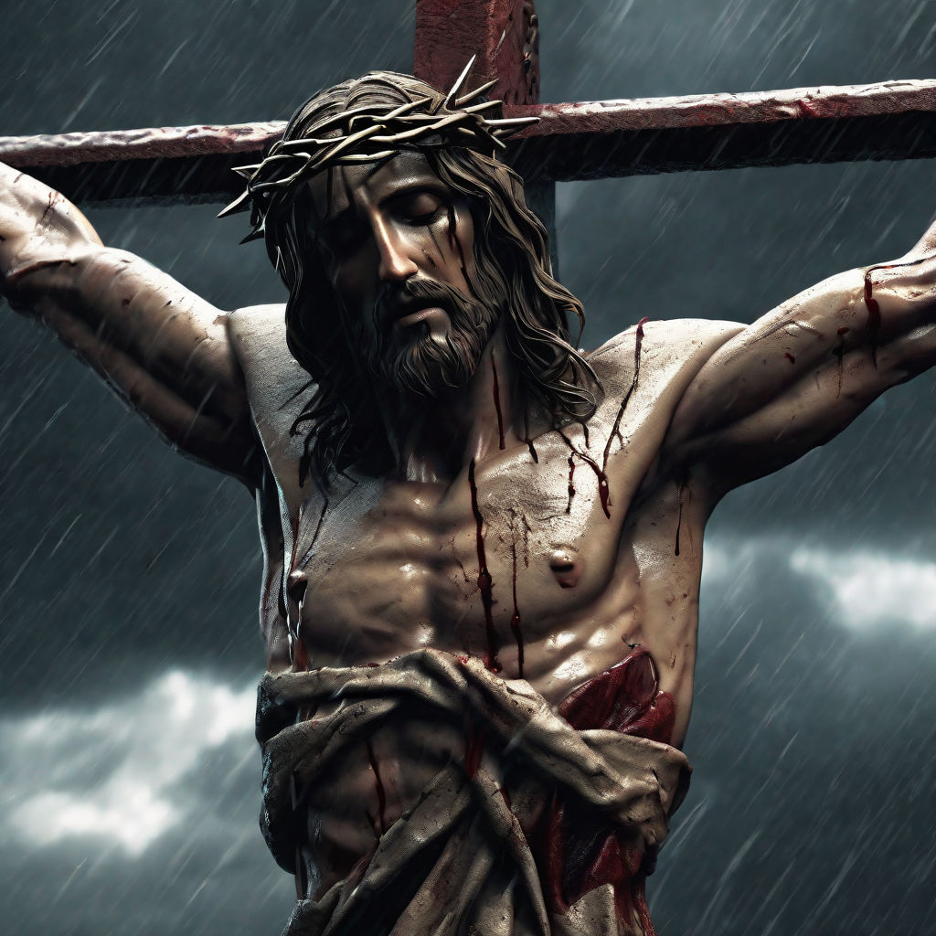 Jesus hanging on the cross. Crown of thorns on his head. Ble... by ...