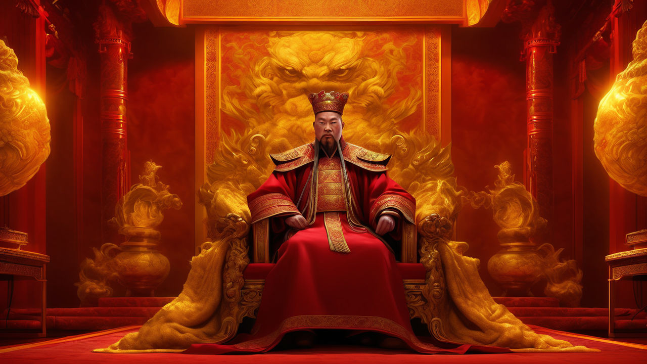Chinese emperor seated on an opulent throne with golden deta... by ...