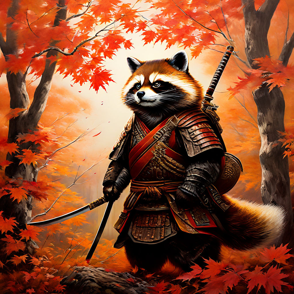 Tanuki samurai in serene stance grasps naginata vertically u... by Kai ...