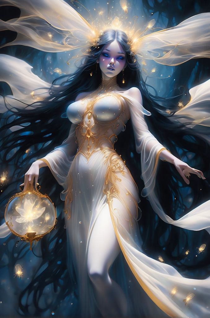 Beautiful ghost girl surrounded by amber fireflies in the st... by Pedro Castillo - Playground