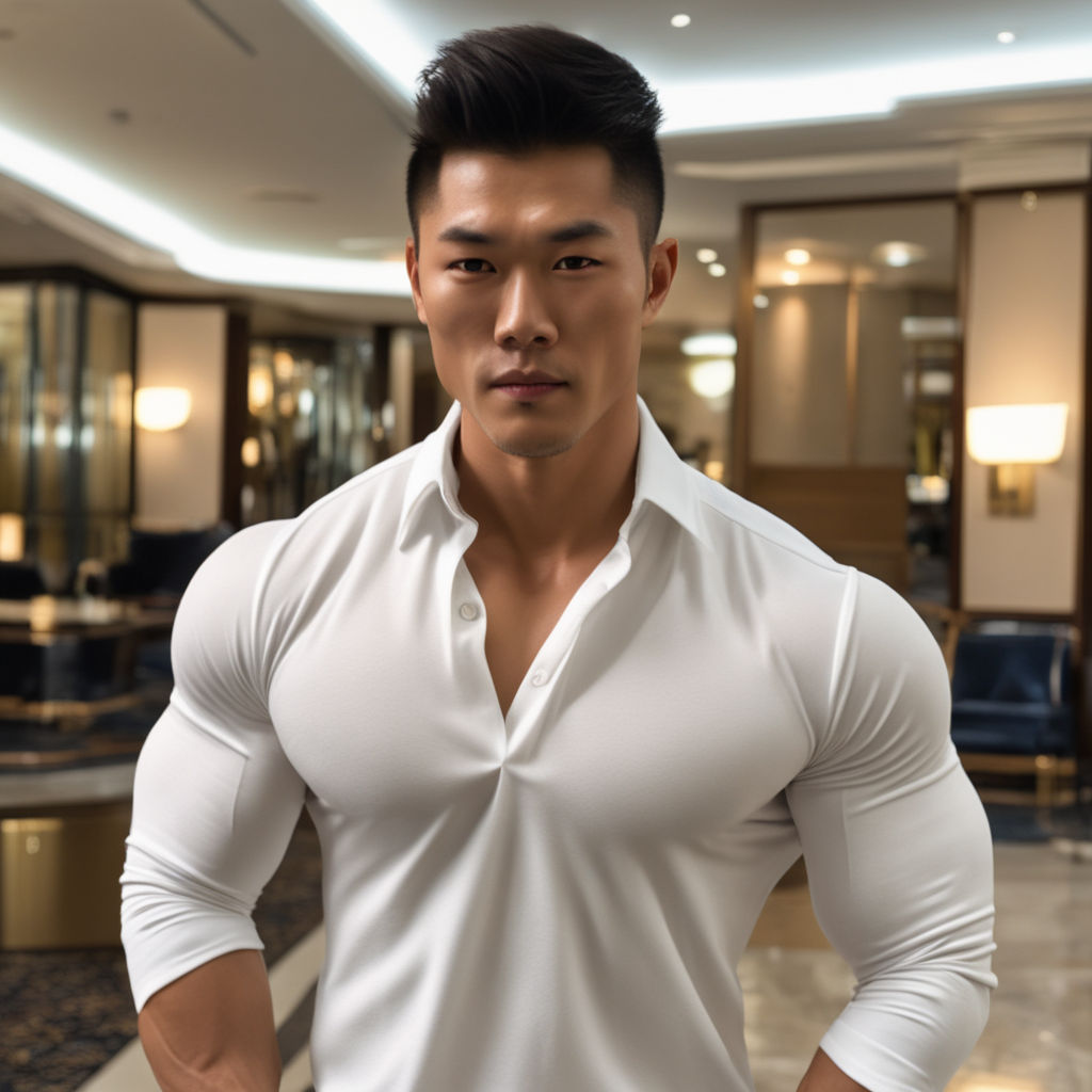 Handsome Asian muscle man in tight white shirt in hotel lobb... by Kayne Kim - Playground