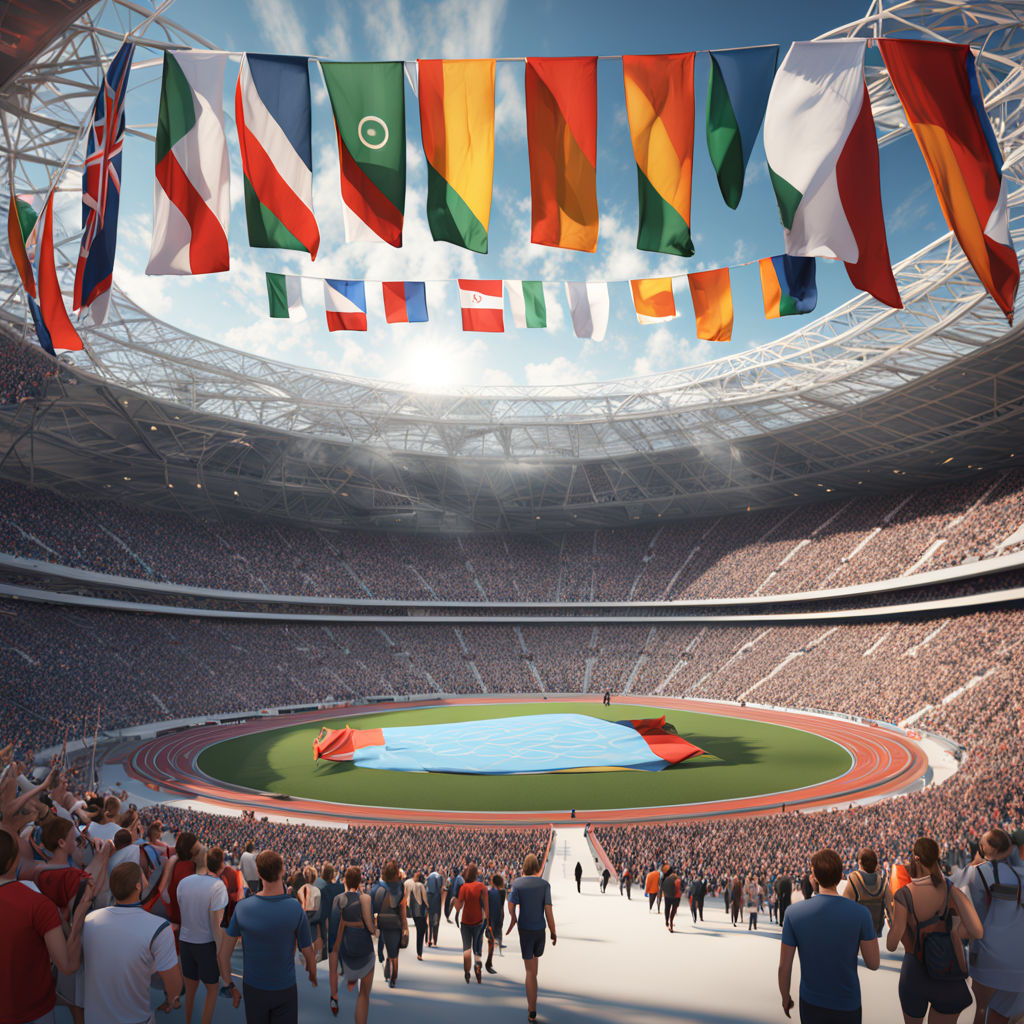 A modern Olympic stadium filled with athletes from around th... by ...